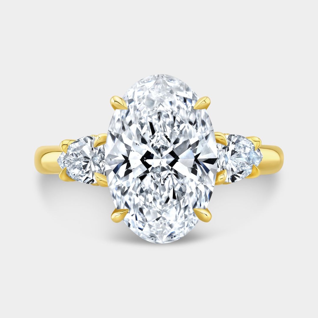 Oval Diamond with Pear Shape Diamond 3 Stone Yellow Gold Engagement Ri ...